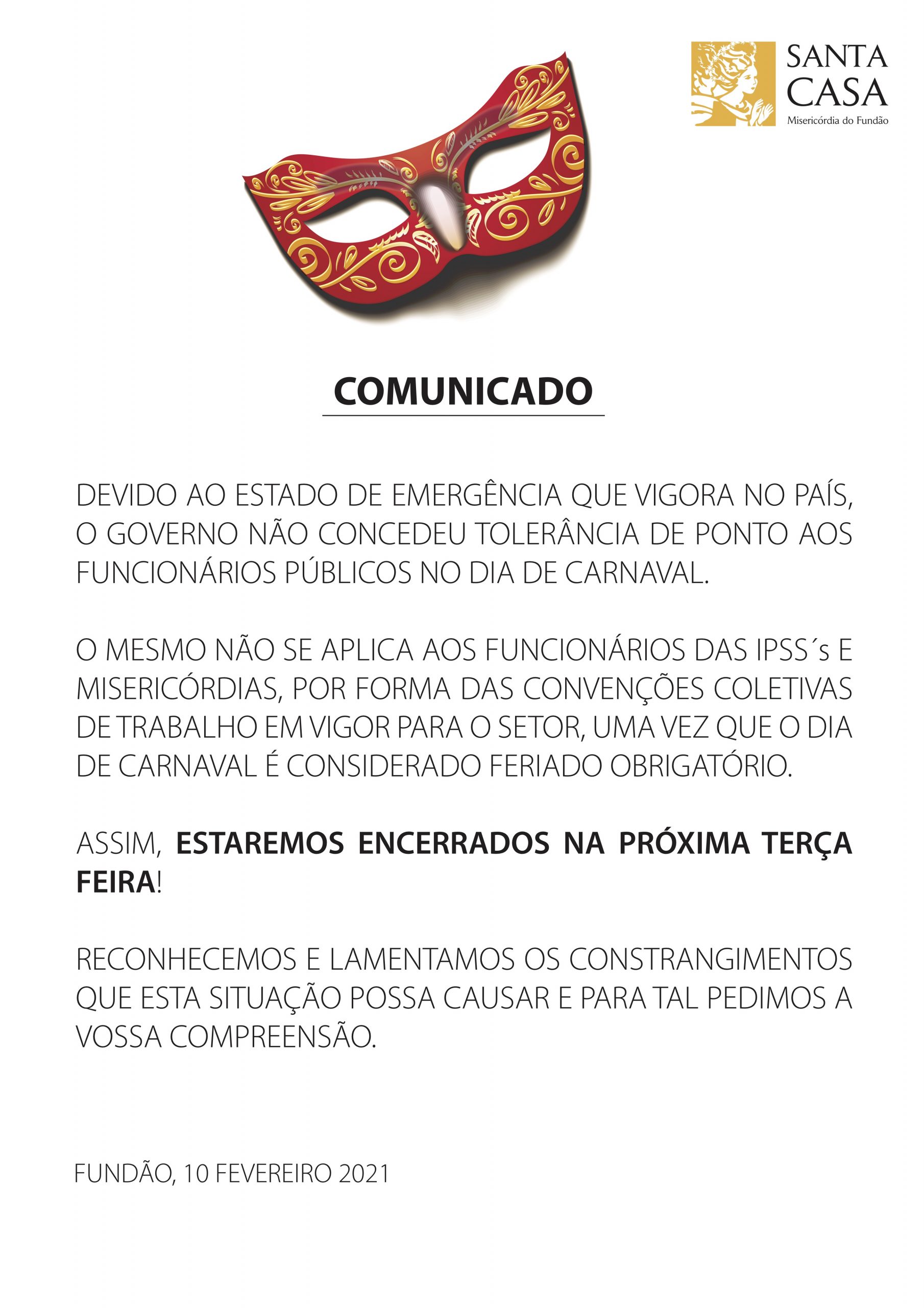Comunicado Carnaval – Santa Casa da Misericórdia do Fundão